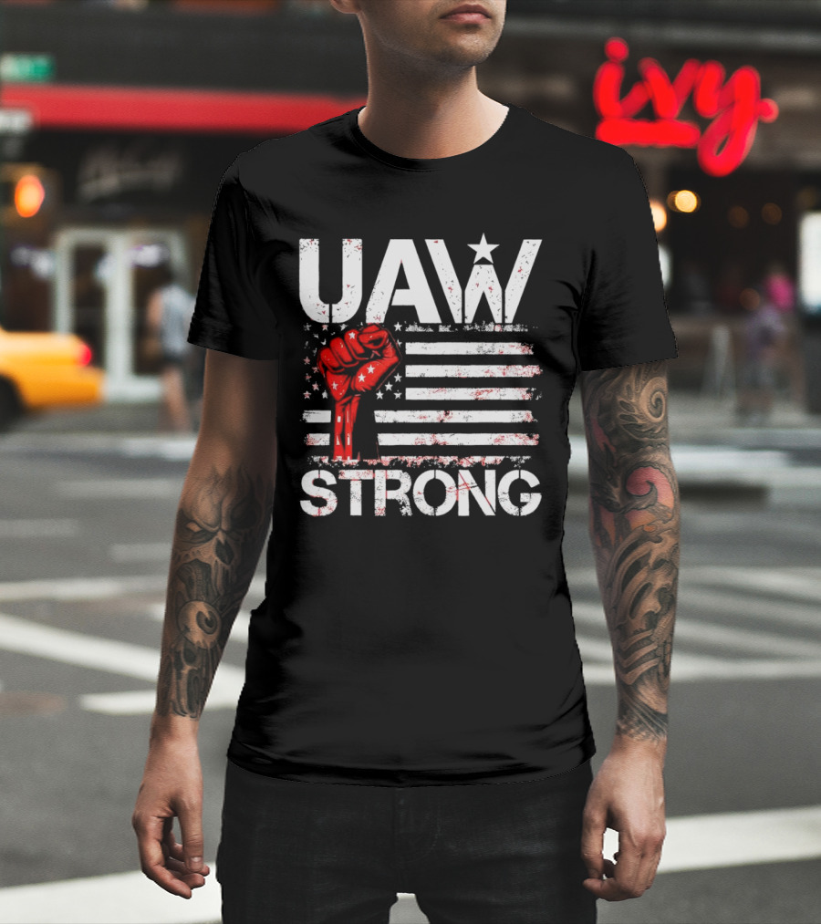 UAW Strong Red Fist American Flag T-Shirt