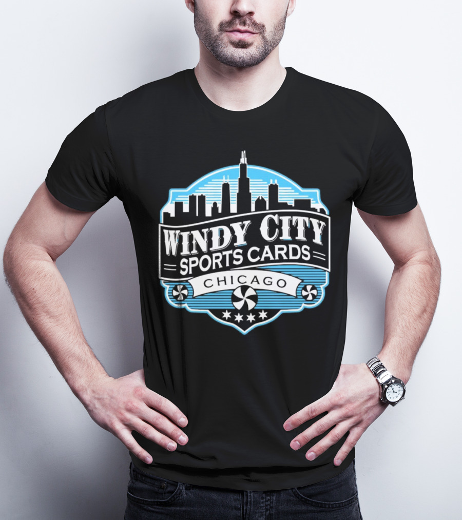 Windy City Sports Cards Chicago Skyline With Stars And Peppermint Swirls T-Shirt