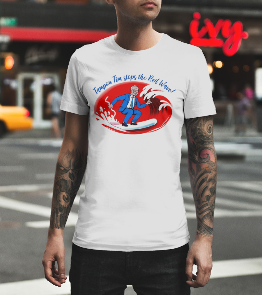 Tampon Tim Stops The Red Wave Surfing Cartoon T-Shirt
