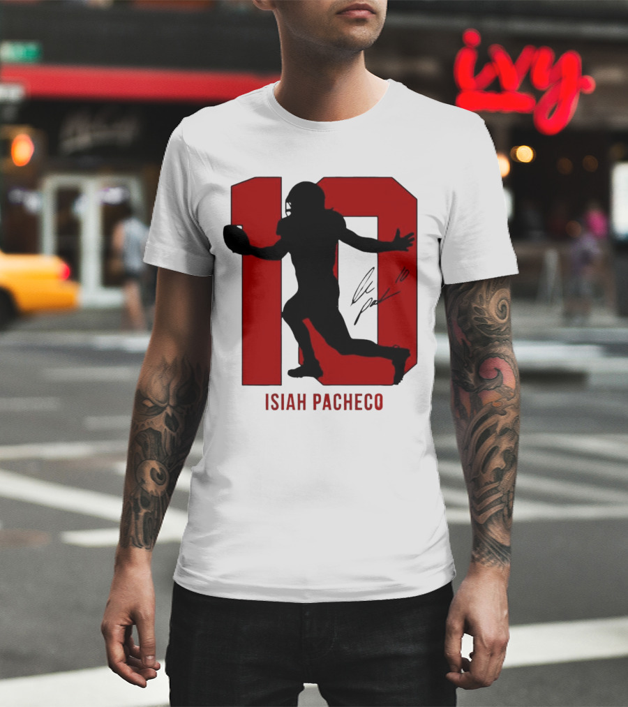 Isiah Pacheco Number 10 Kansas City Chiefs Silo Signature Action T-Shirt