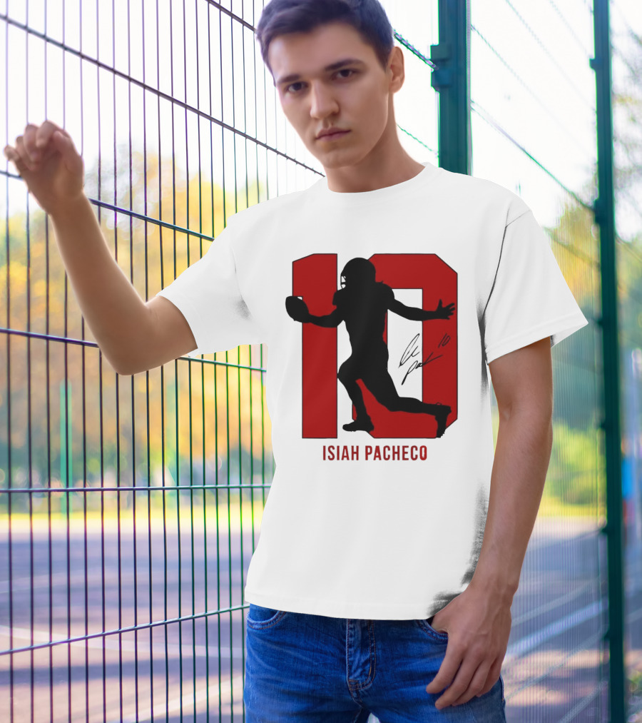 Isiah Pacheco Number 10 Kansas City Chiefs Silo Signature Action T-Shirt