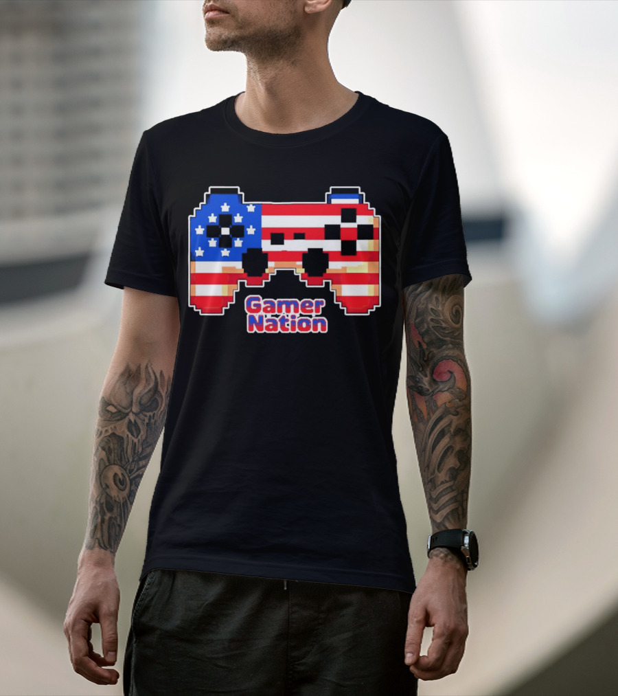 American Flag Pixel Art Gamer Nation Controller T-Shirt