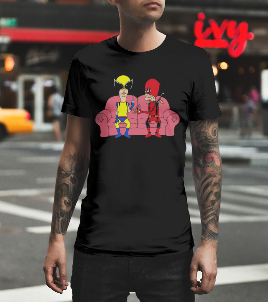 Beavis And Butt-Head X Deadpool And Wolverine Characters Crossover Cartoon Sitting On Couch T-Shirt