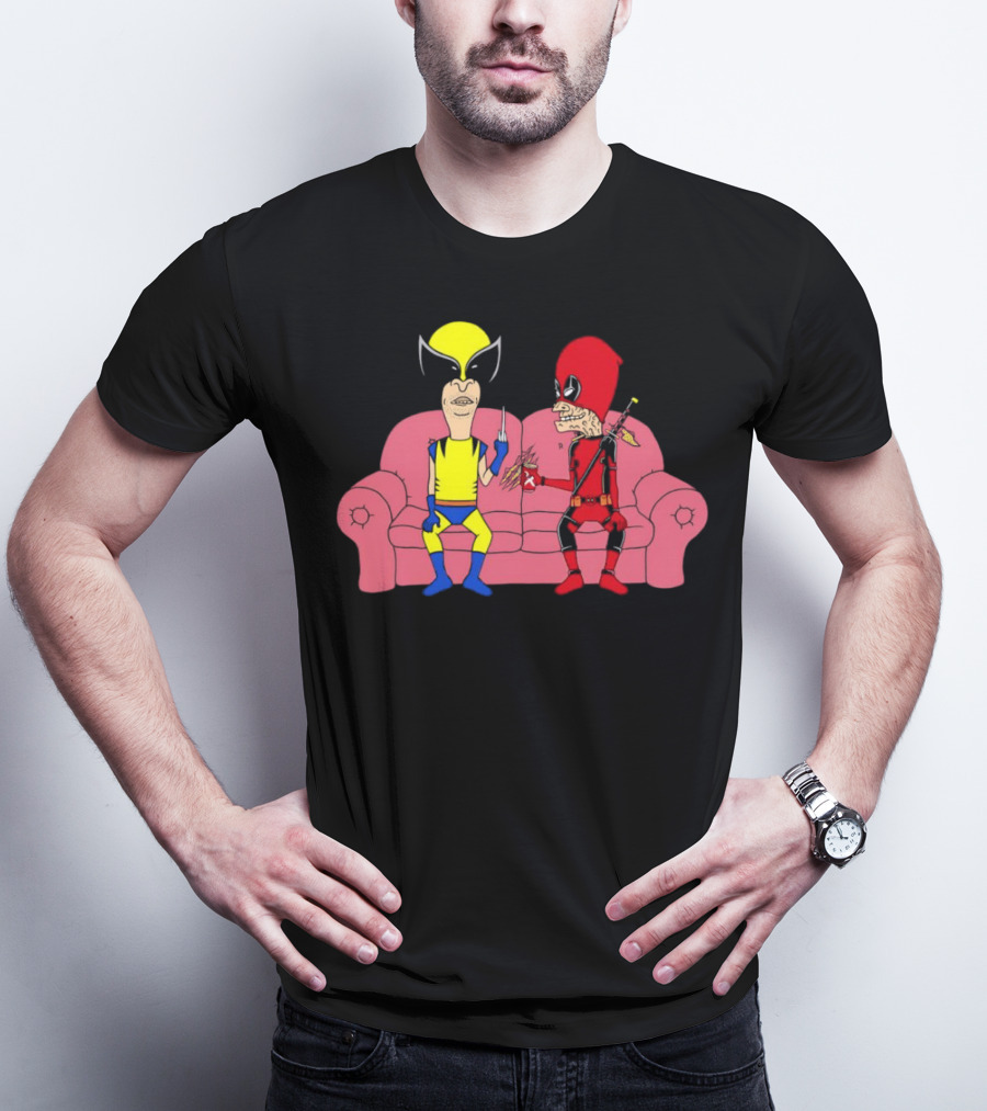 Beavis And Butt-Head X Deadpool And Wolverine Characters Crossover Cartoon Sitting On Couch T-Shirt