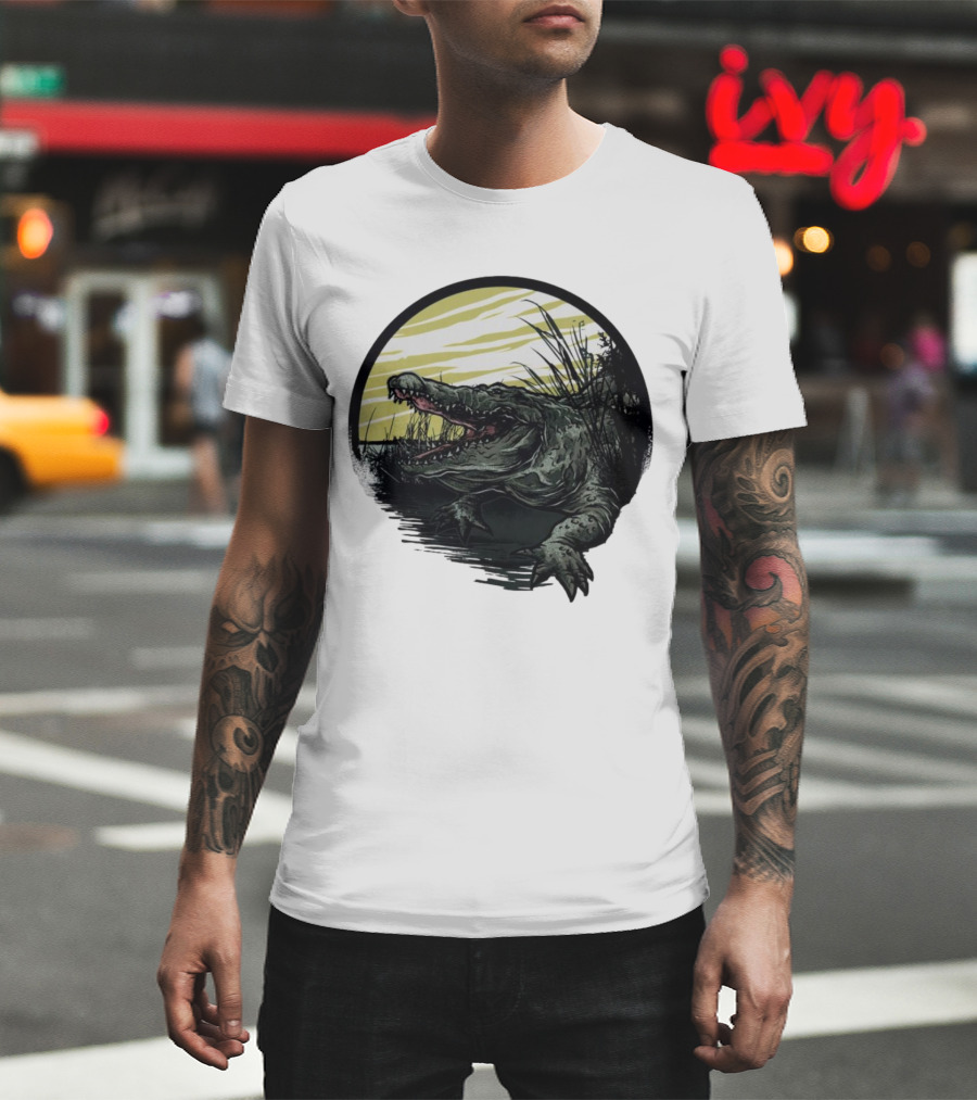 Crocodile Emerging From Water With Yellow Sky And Reeds T-Shirt