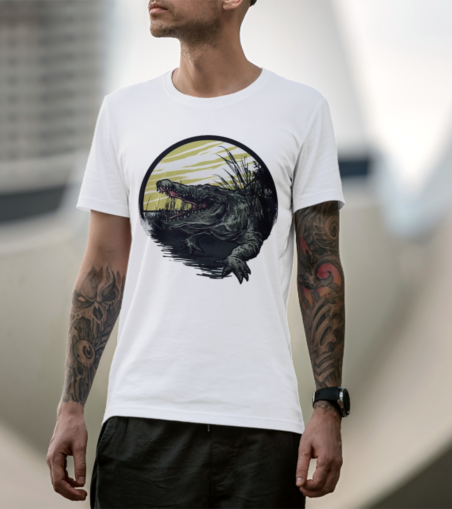 Crocodile Emerging From Water With Yellow Sky And Reeds T-Shirt