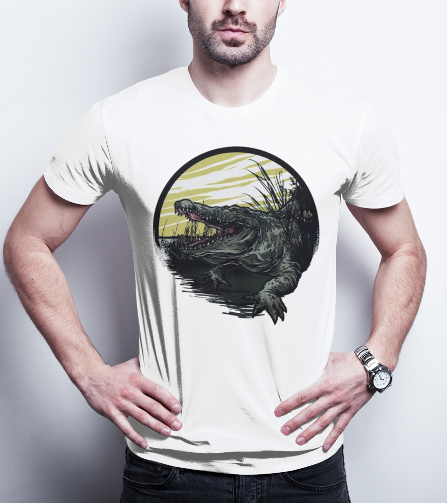 Crocodile Emerging From Water With Yellow Sky And Reeds T-Shirt