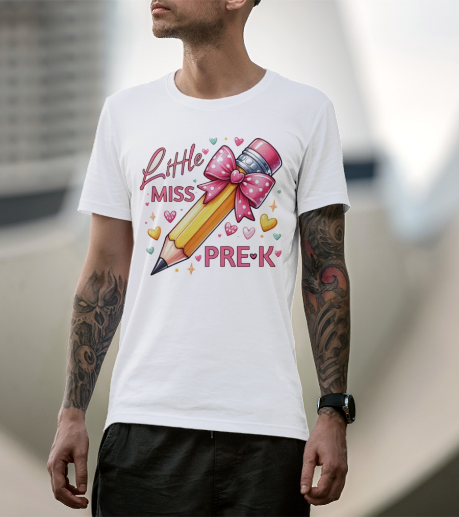 Little Miss Pre-K Pencil With Pink Bow And Hearts T-Shirt