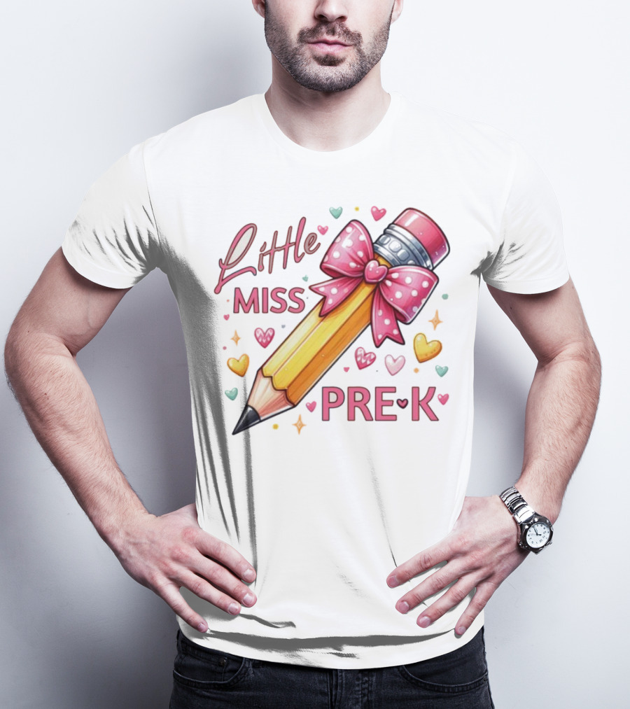 Little Miss Pre-K Pencil With Pink Bow And Hearts T-Shirt