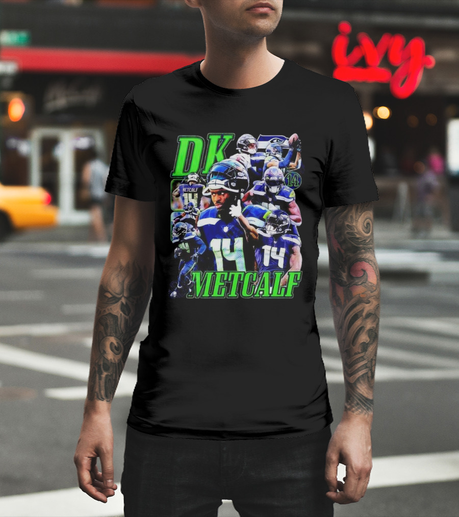 DK Metcalf Seattle Seahawks 14 Retro NFL Player Action Collage T-Shirt
