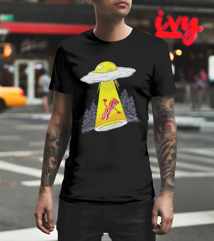 Wonder Nation Alien Breakfast Egg UFO Beaming Up A Walking Bacon Slice In Forest T-Shirt