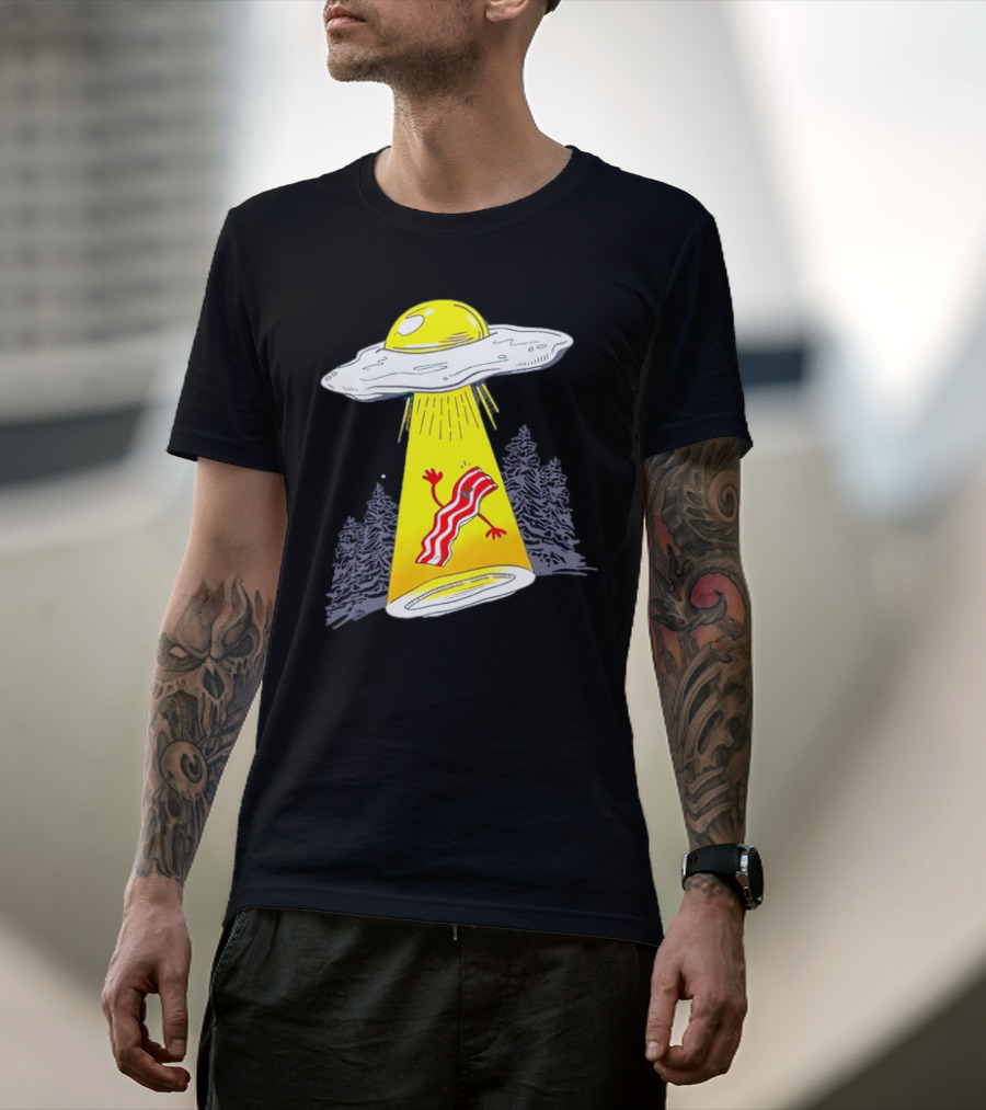 Wonder Nation Alien Breakfast Egg UFO Beaming Up A Walking Bacon Slice In Forest T-Shirt