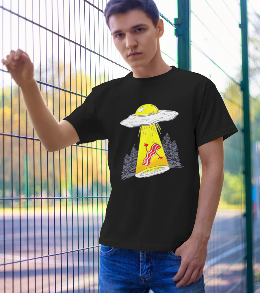 Wonder Nation Alien Breakfast Egg UFO Beaming Up A Walking Bacon Slice In Forest T-Shirt