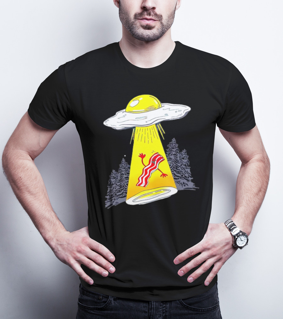 Wonder Nation Alien Breakfast Egg UFO Beaming Up A Walking Bacon Slice In Forest T-Shirt