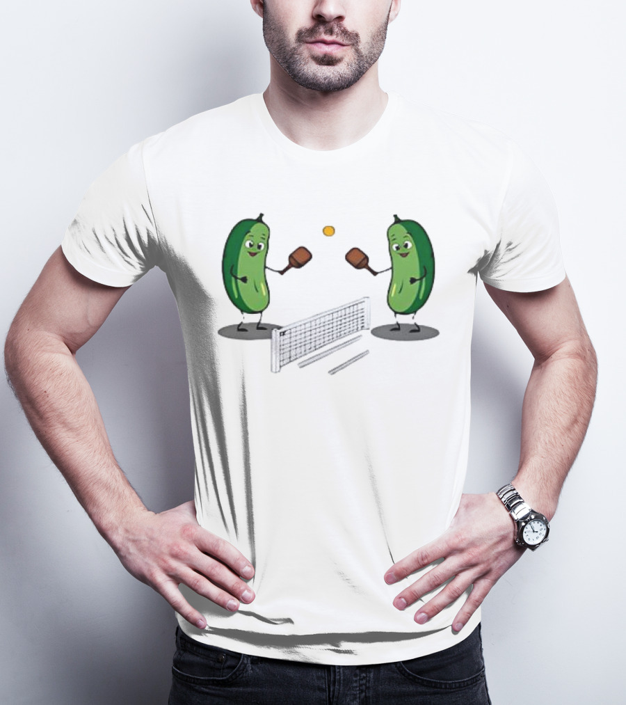 Pickles Playing Pickleball With Smiling Characters And Paddles T-Shirt