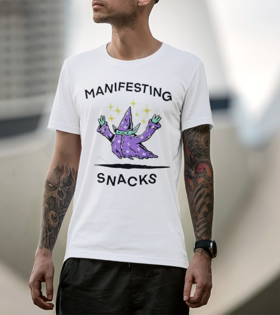 Manifesting Snacks Flying Wizard With Stars T-Shirt