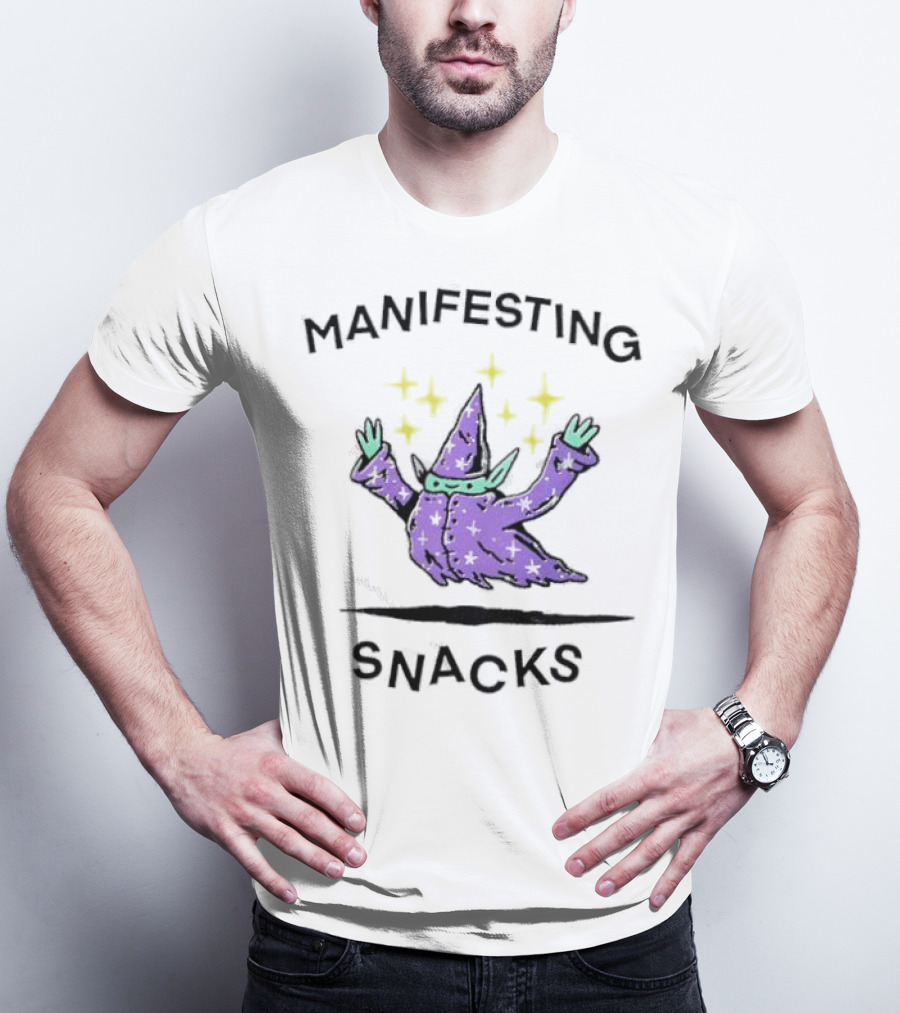 Manifesting Snacks Flying Wizard With Stars T-Shirt