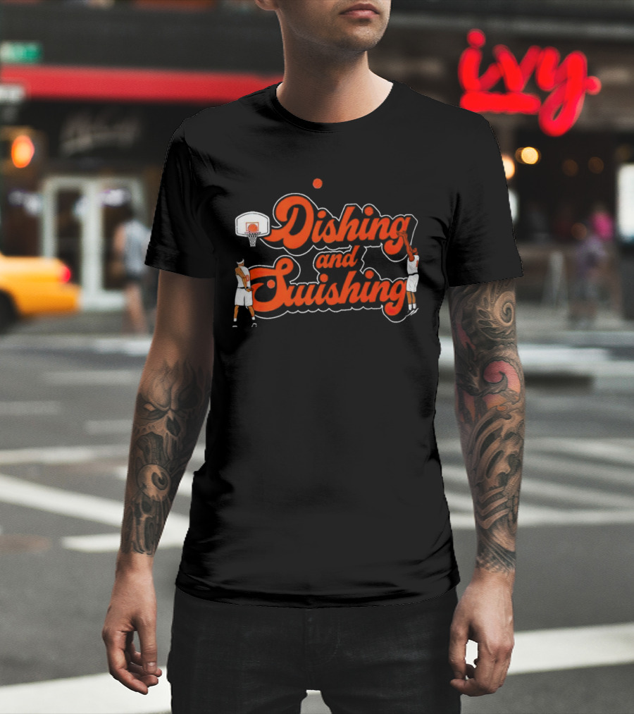 New York Knicks Dishing And Swishing Players And Basketball Hoop T-Shirt