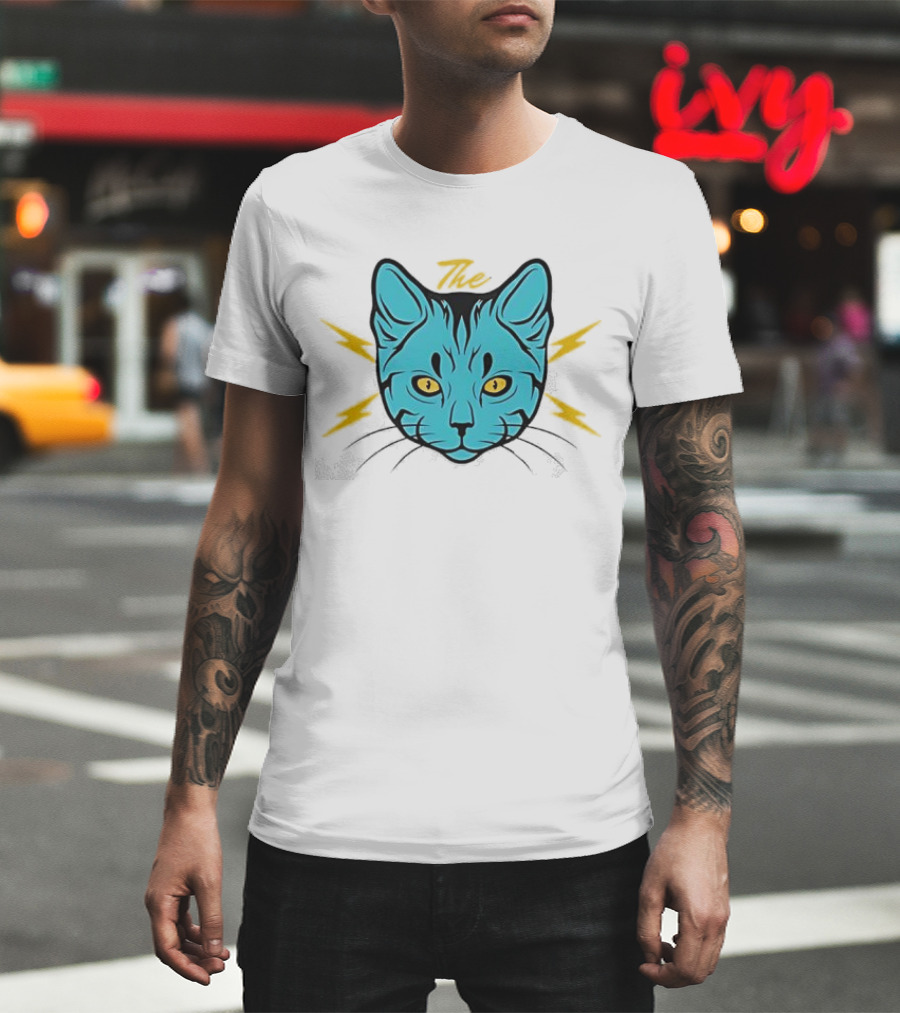 The Cat Thunder Studio Blue Cat Head With Yellow Lightning Bolts T-Shirt
