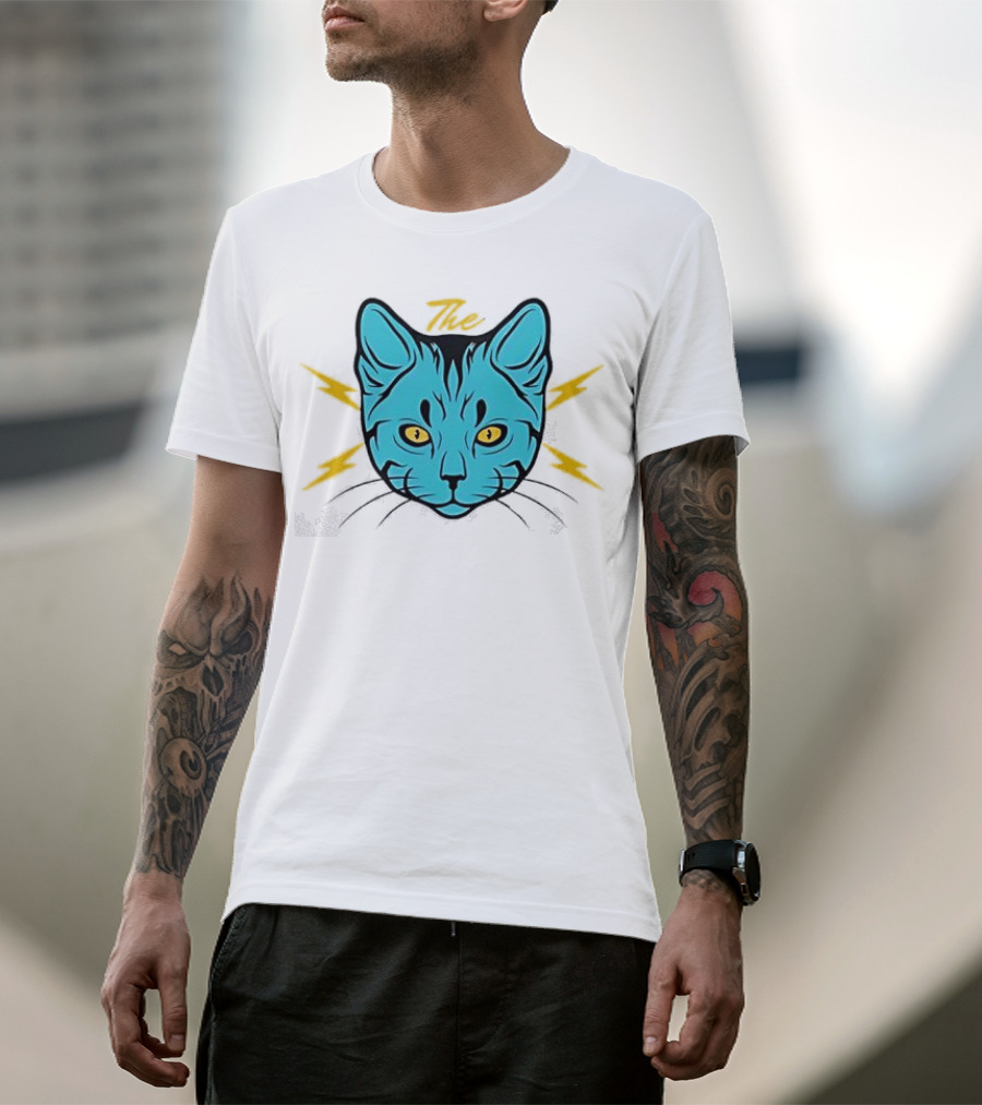 The Cat Thunder Studio Blue Cat Head With Yellow Lightning Bolts T-Shirt