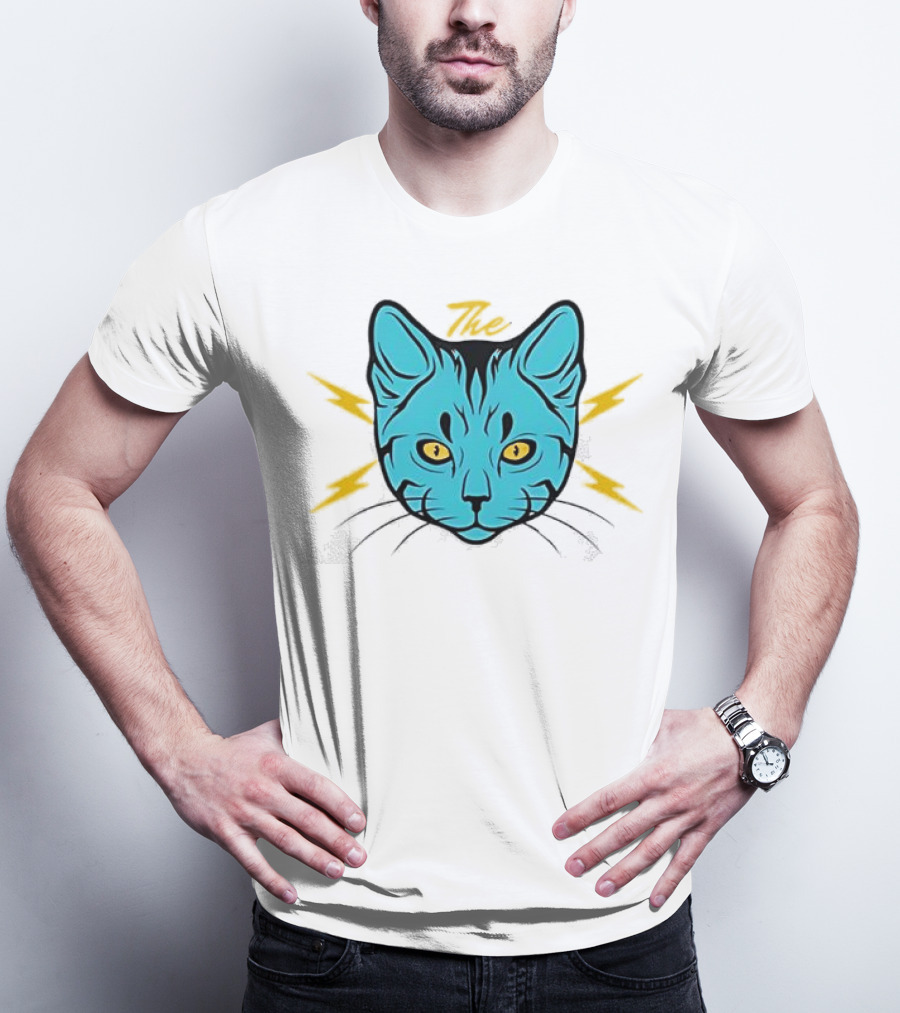 The Cat Thunder Studio Blue Cat Head With Yellow Lightning Bolts T-Shirt