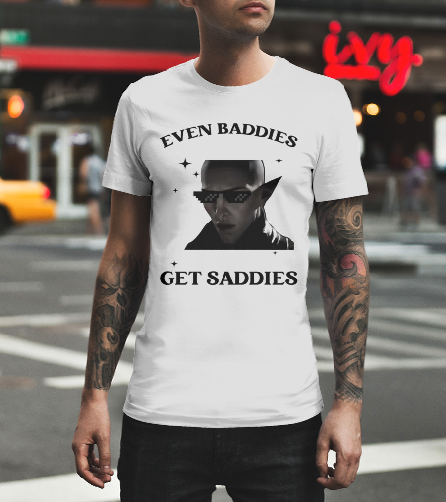 Even Baddies Get Saddies Pixelated Sunglasses Bald Elf Character T-Shirt
