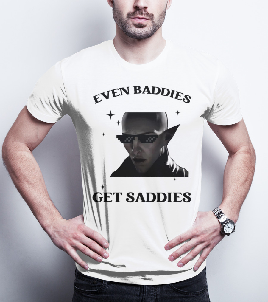 Even Baddies Get Saddies Pixelated Sunglasses Bald Elf Character T-Shirt