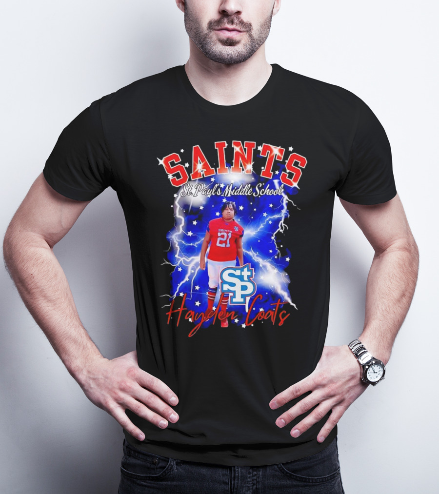 Saints St Paul’s Middle School Football Hayden Coats 21 Lightning Background T-Shirt