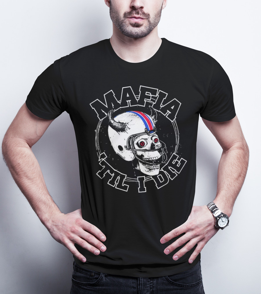 Mafia ‘Til I Die Skull Wearing Football Helmet With Horns And Red Blue Stripe T-Shirt