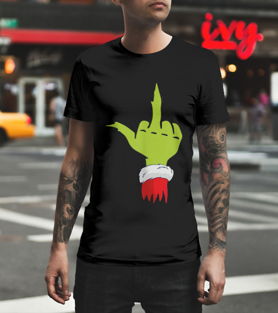 Grinch Middle Finger Merry Christmas Santa Hand Gesture T-Shirt