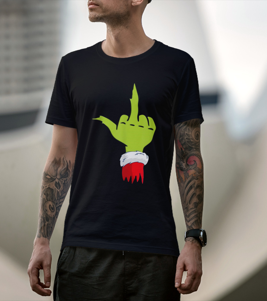 Grinch Middle Finger Merry Christmas Santa Hand Gesture T-Shirt