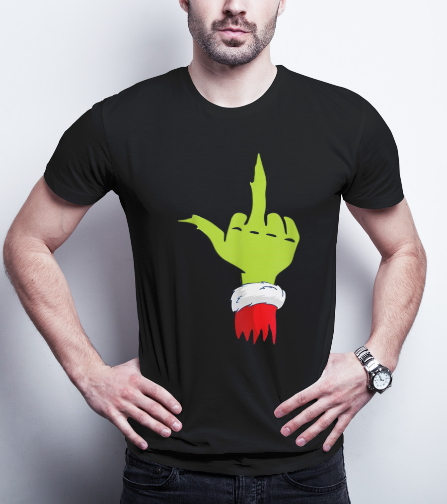 Grinch Middle Finger Merry Christmas Santa Hand Gesture T-Shirt