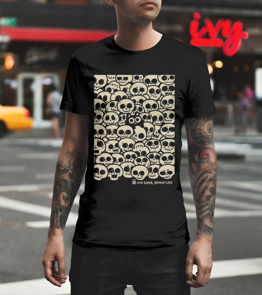 Our Super Adventure Skull Cat Surrounded By Skulls T-Shirt