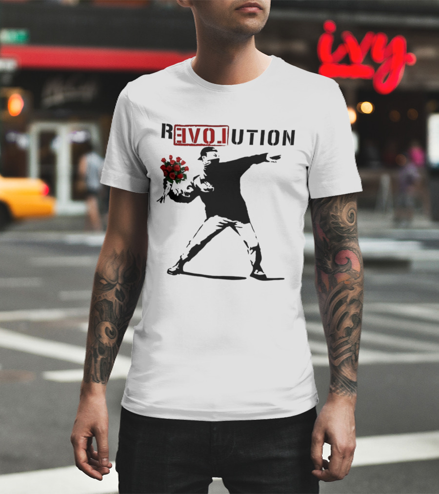 Revolution Rage Flower Thrower Banksy Stencil Roses T-Shirt