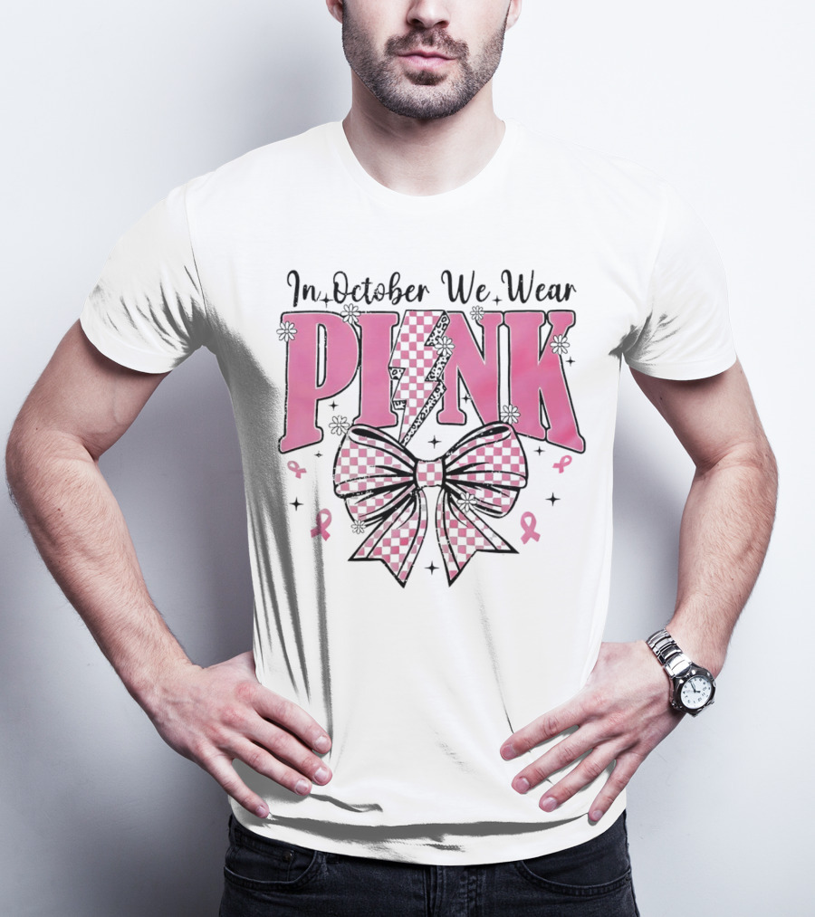 In October We Wear Pink Checkered Bow Lightning T-Shirt