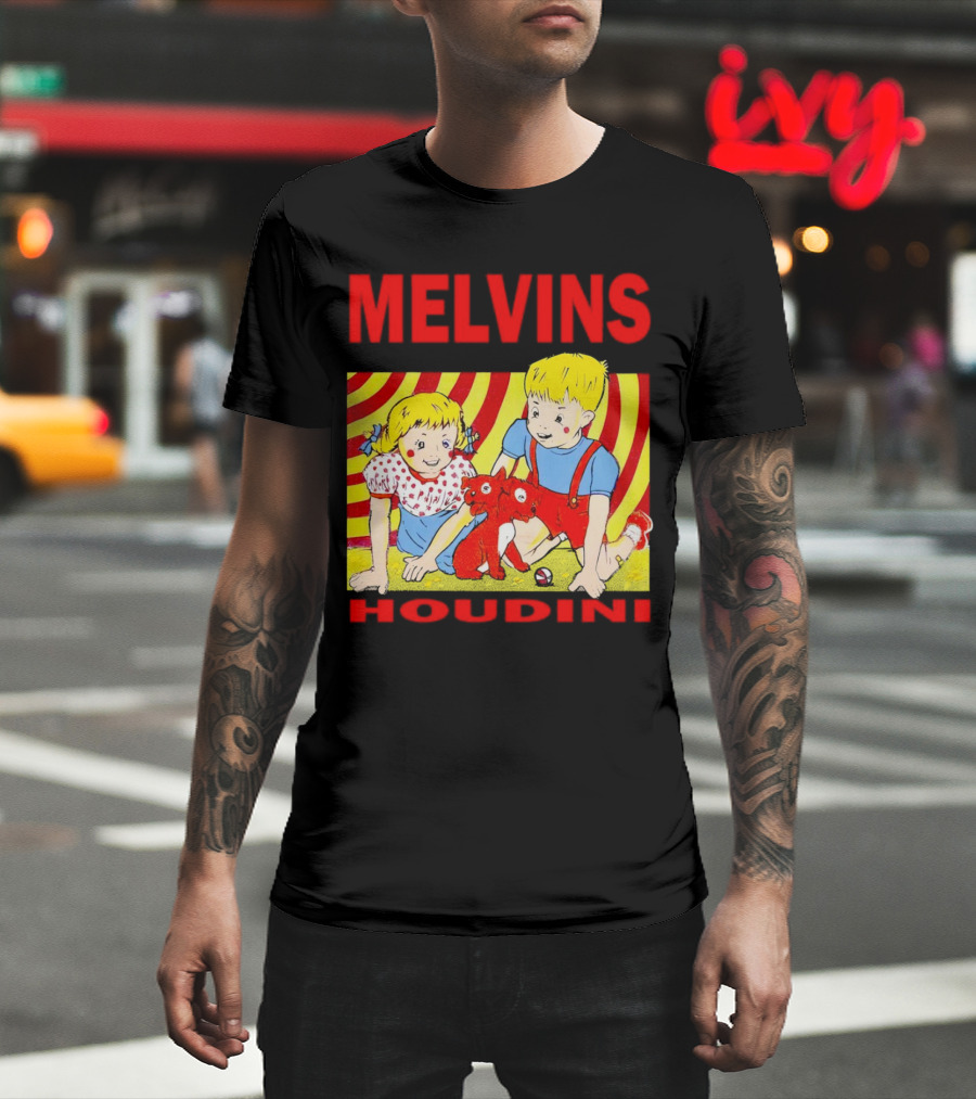 Melvins Houdini Late 00s Jerks Kids With Red Dog And Swirling Red Yellow Background T-Shirt