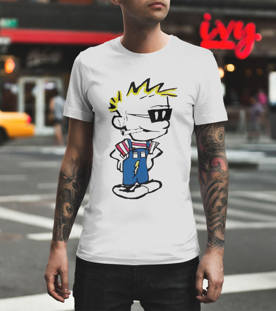 Calvin And Hobbes Spaceman Spiff Lightning Overalls Yellow Hair Sunglasses T-Shirt