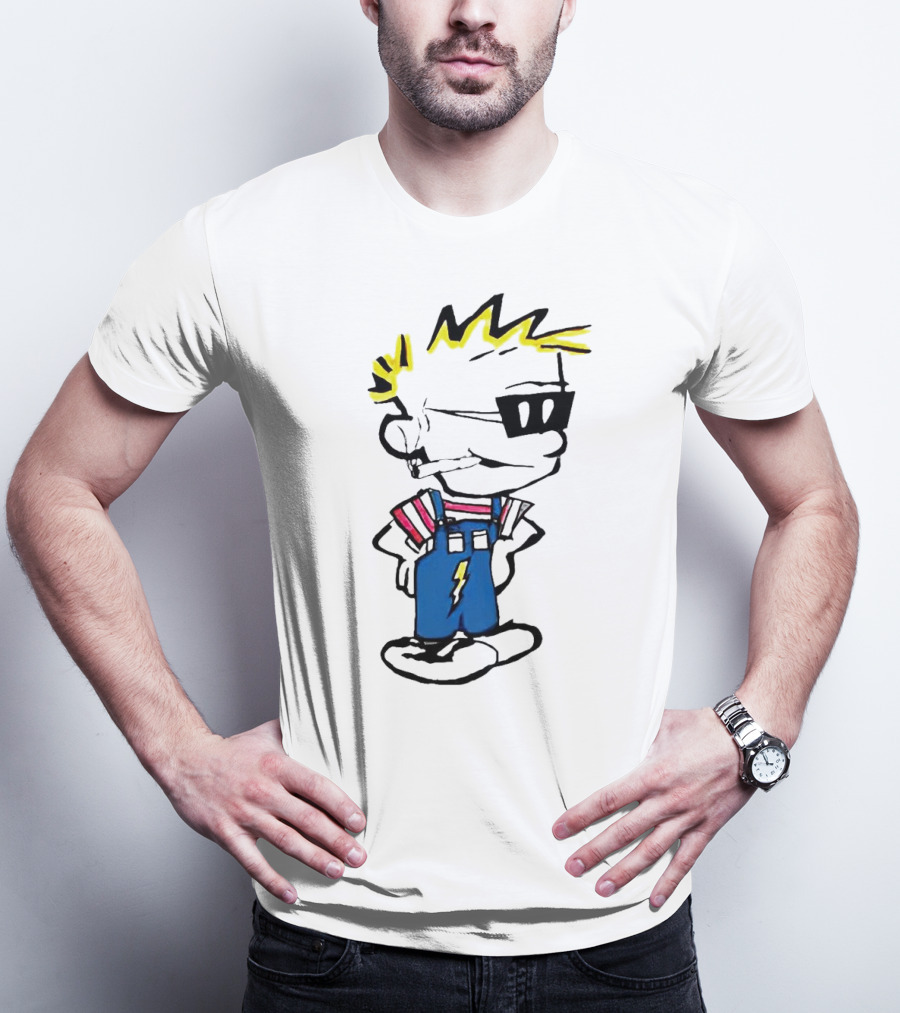 Calvin And Hobbes Spaceman Spiff Lightning Overalls Yellow Hair Sunglasses T-Shirt