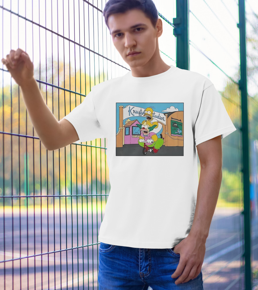 Krustyland Studios With Homer And Krusty The Clown On Bicycle From The Simpsons T-Shirt