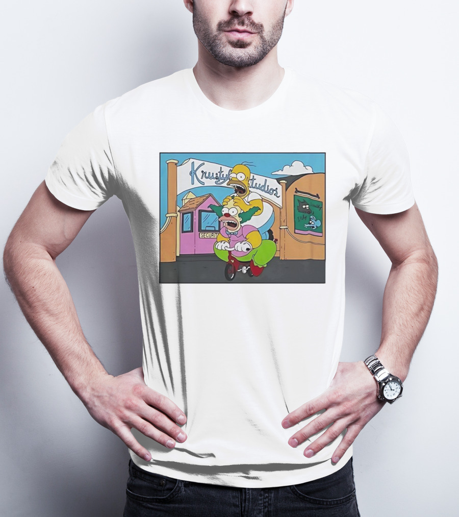 Krustyland Studios With Homer And Krusty The Clown On Bicycle From The Simpsons T-Shirt