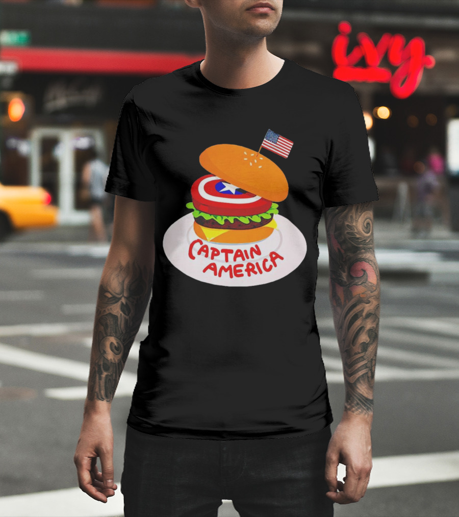 Captain America Burger With Flag And Shield Lettuce Bun T-Shirt