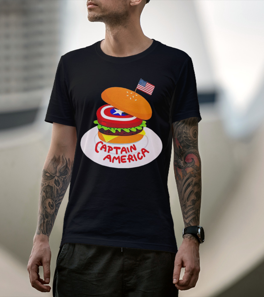 Captain America Burger With Flag And Shield Lettuce Bun T-Shirt