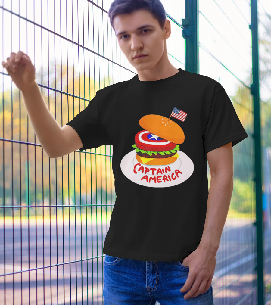 Captain America Burger With Flag And Shield Lettuce Bun T-Shirt