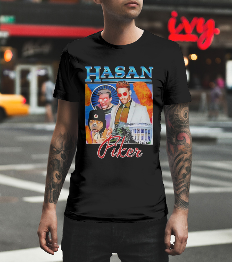 HASAN Piker Sunglasses Red Laser Eyes White House Dog T-Shirt