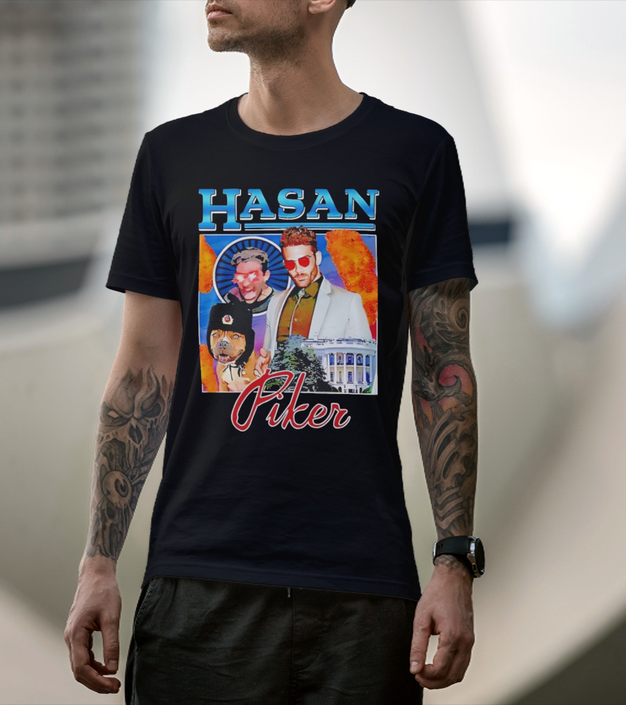 HASAN Piker Sunglasses Red Laser Eyes White House Dog T-Shirt