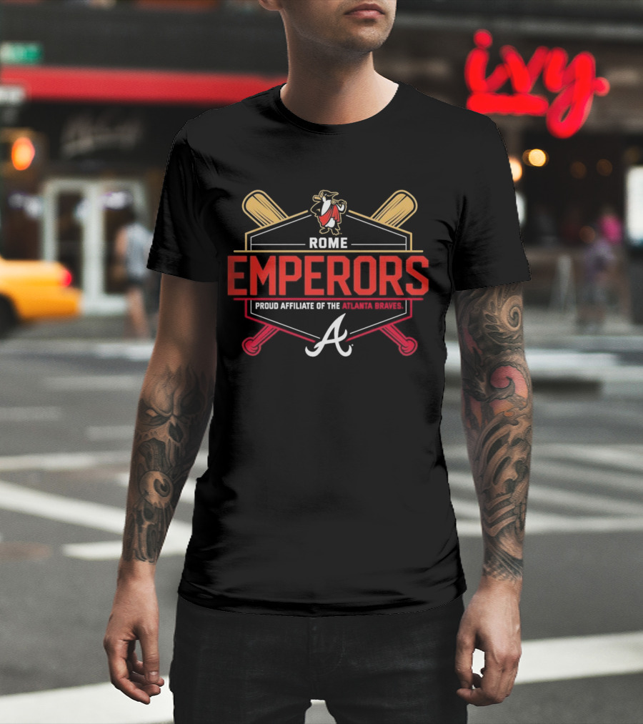 Rome Emperors Proud Affiliate Of The Atlanta Braves Logo With Crossed Bats And Mascot T-Shirt