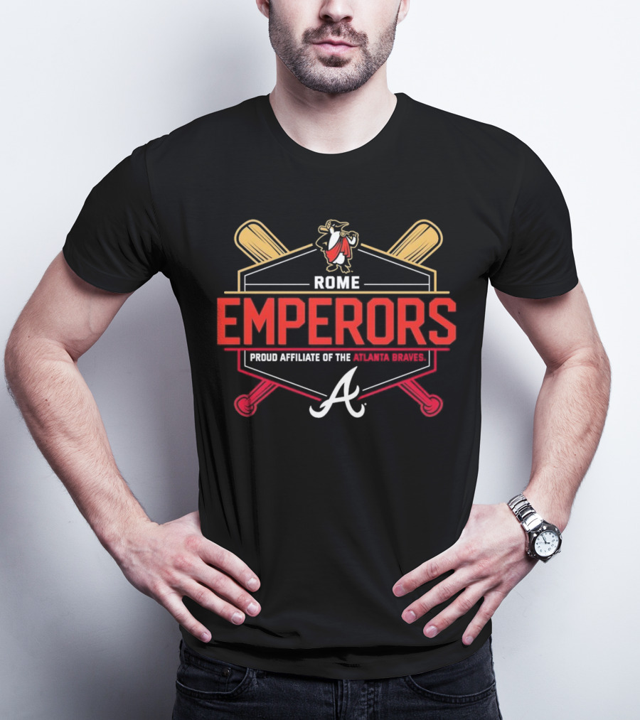 Rome Emperors Proud Affiliate Of The Atlanta Braves Logo With Crossed Bats And Mascot T-Shirt