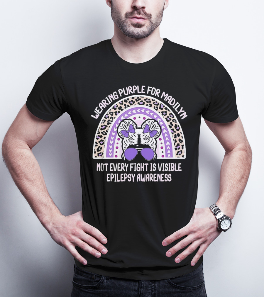 Wearing Purple For Madilyn Not Every Fight Is Visible Epilepsy Awareness Rainbow Leopard Print Glasses Bows T-Shirt
