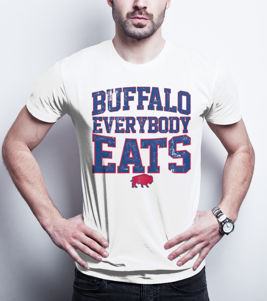 Buffalo Everybody Eats Red Bison Icon Bold Blue Letters T-Shirt