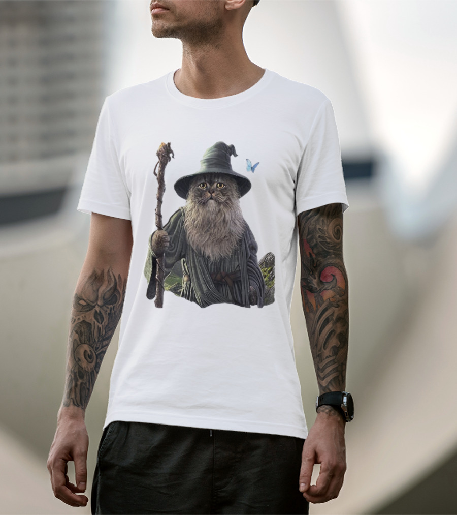 Cat The Mountain Wizard Catdalf Cat With Staff And Hat T-Shirt